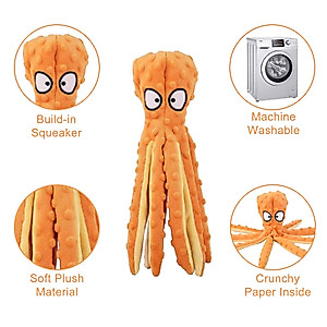 WishLotus Octopus Dog Chew Toy, No Stuffing Plush Dog Squeaky Toy with Crinkle Paper in Legs, Corduroy Interactive Dog Play Toy Dog Teething Toy for Small, Medium Dogs (Orange)