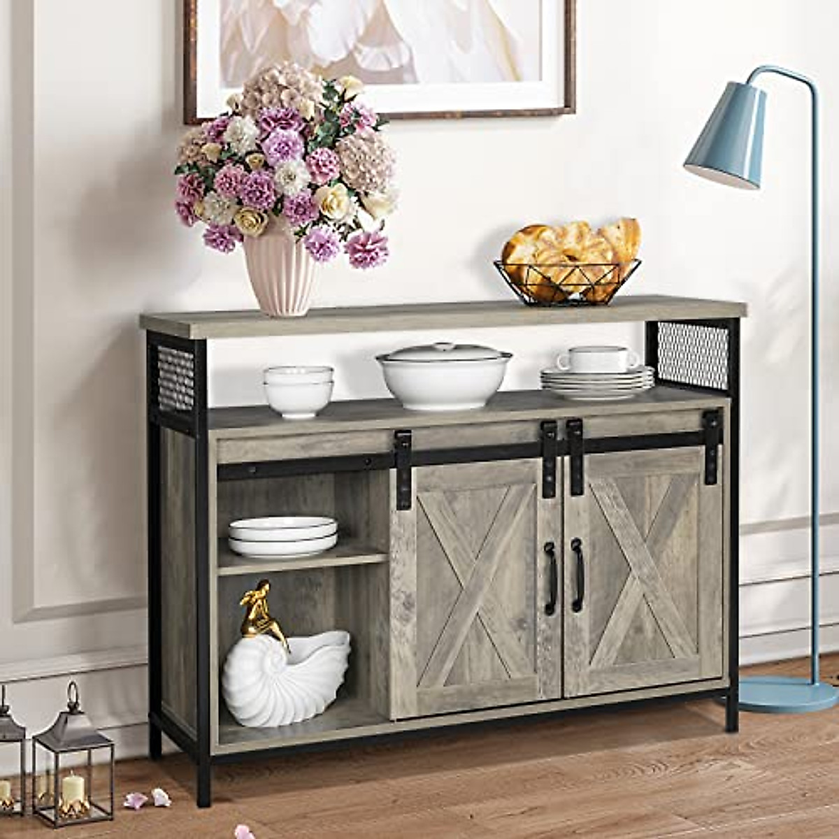 VINGLI Farmhouse Barn Door Buffet Sideboard Accent Storage Liquor Cabinet w/Removable 9-Bottle Wine Rack, Rustic Wine Cabinet Home Bar Furniture for Kitchen Dining Room (Wash Grey)