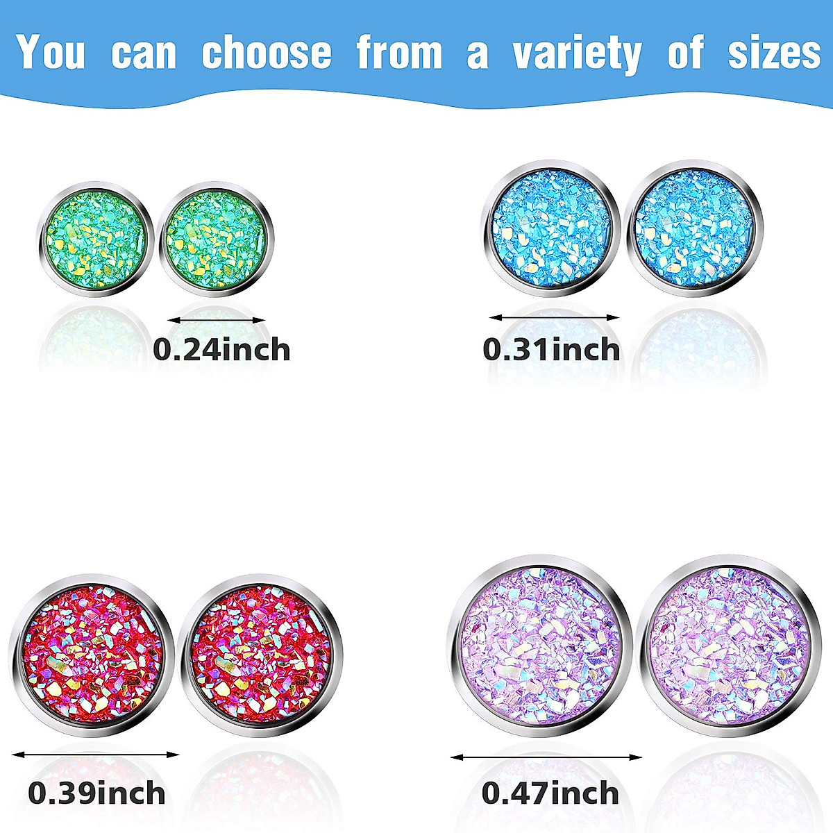 Boao 15 Pairs Druzy Stud Bulk Earrings Set Stainless Steel Round post Earrings Bohemian Pierced Earrings Jewelry for Women (8.0 Millimeters)