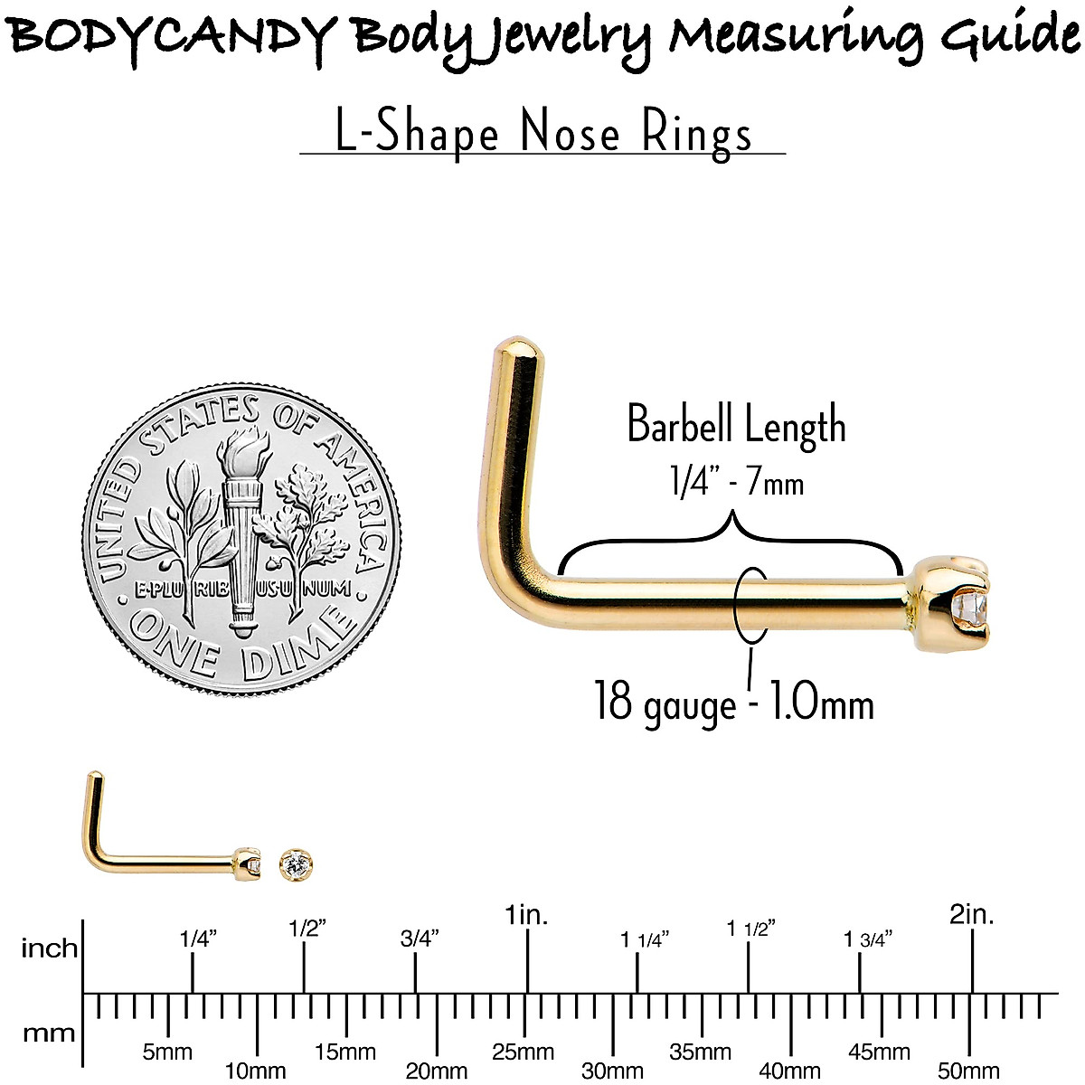 Body Candy Solid 14k Yellow Gold 1.5mm (0.015 cttw) Genuine Diamond L Shaped Nose Stud Ring 18 Gauge 1/4"