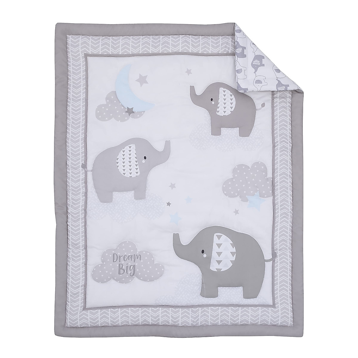 NoJo Little Love Elephant Stroll Dream Big Clouds and Stars with Chevron Border 3 Piece Nursery Mini Crib Bedding Set - Comforter, and Two Fitted Mini Crib Sheets