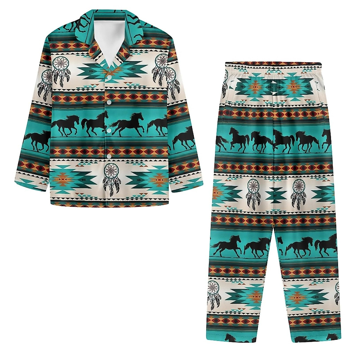 Boatee Women's 2 Piece Pajama Set Aztec Tribe Green Horse Button Down Shirt Pants Sleepwear Set, M