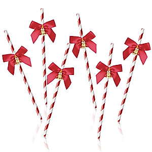 Whaline Christmas Paper Straws Red Bow Gold Bell & Red White Stripe Disposable Straws Merry Christmas Drinking Decorative DIY Straws for Christmas Wedding Xmas Birthday Winter Party Supplies, 25Pcs