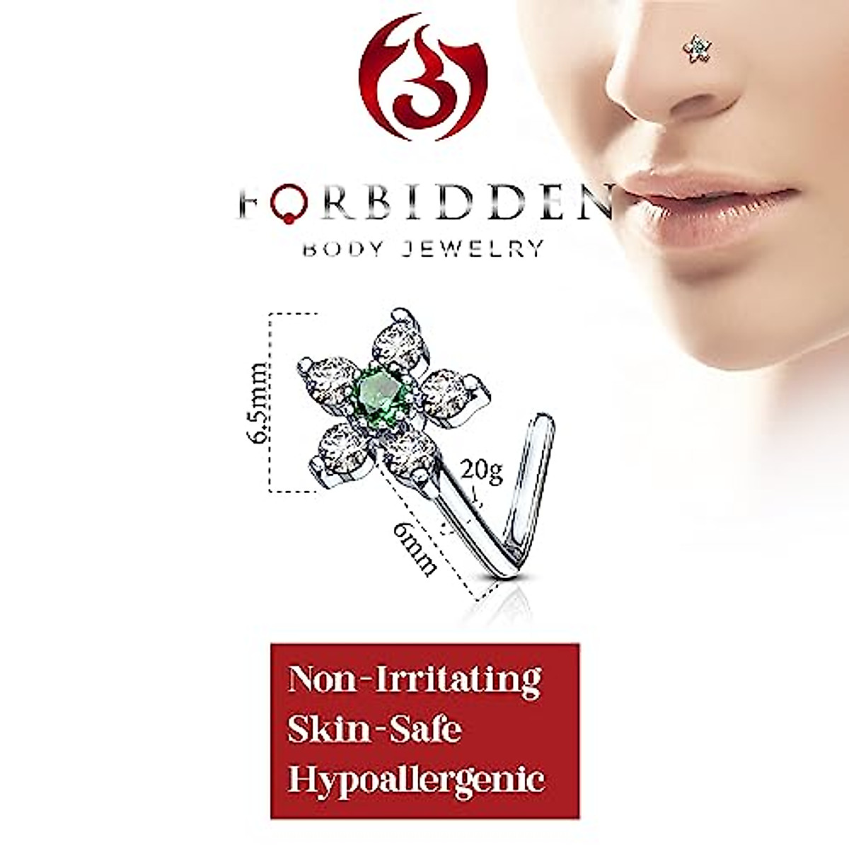 Forbidden Body Jewelry 20g Surgical Steel L Shaped Nose Ring with 6-CZ Crystal Flower, Green/Clear