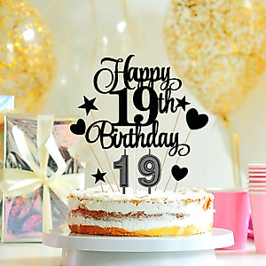 19th Birthday Cake Decorations Set Include 19th Birthday Candles Numeral 19 Cake Candles and Happy 19th Birthday Cake Toppers with Heart Star Cupcake Picks for Birthday Party (Black Series)