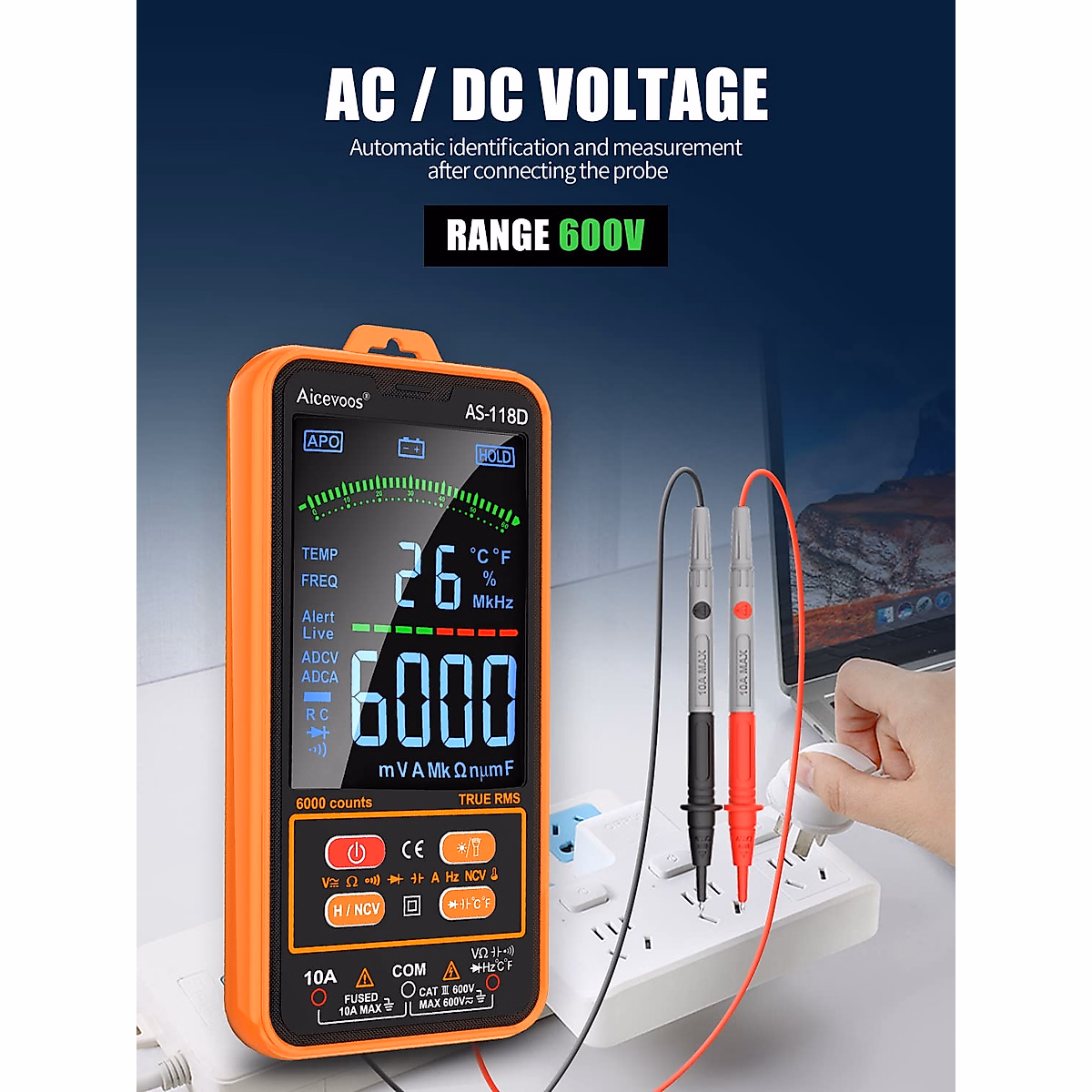 Aicevoos AS-118D Smart Digital Multimeter Auto-Ranging Voltmeter Electrical Tester Measures Voltage Current Capacitance Resistance Continuity Duty-Cycle Temperature Frequency