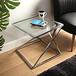 Versa Trento Auxiliary Small Table for The Living Room, Bedroom or Kitchen. Modern Side Table, Measurements (H x L x W) 51 x 51 x 51 cm, Glass and Metal, Colour Silver