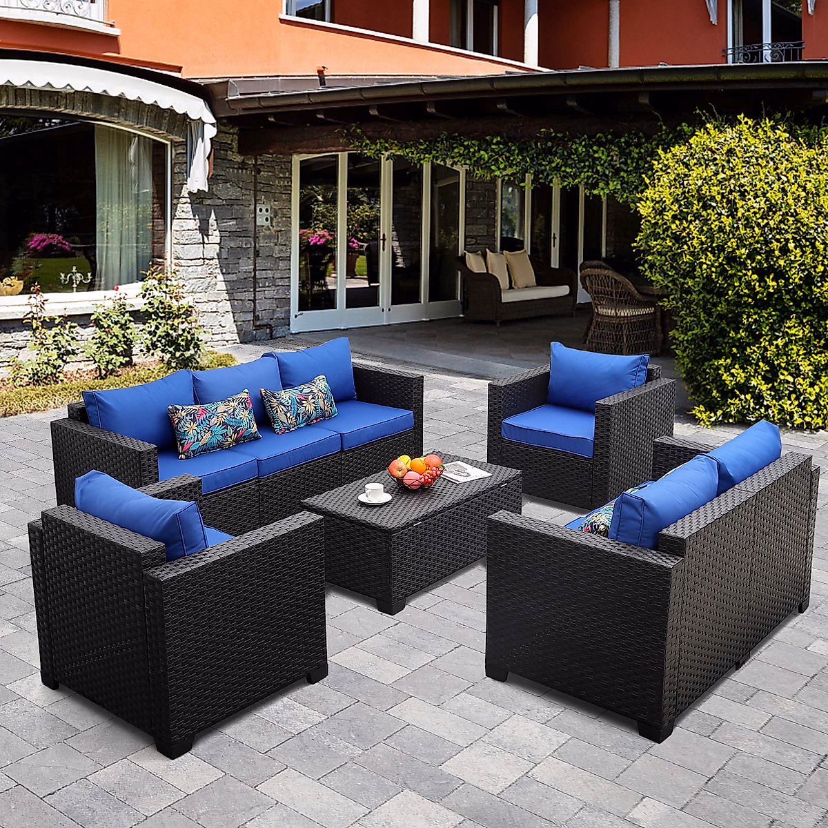 Rattaner Outdoor Wicker Furniture Set 5 Pieces Patio Sectional Sofa Couch Set with Storage Table Royal Blue Anti-Slip Cushions Furniture Covers