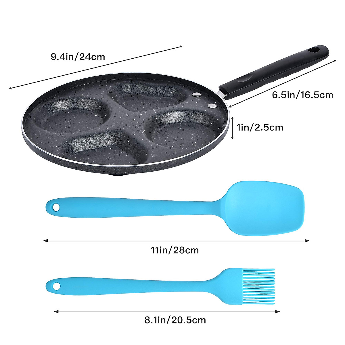Supkiir Egg Frying Pan, Aluminum Circle Heart 4-Cup Egg Procher, Non Stick Egg Cooker for frying eggs burgers bacon, with Pastry Brush and Spatula