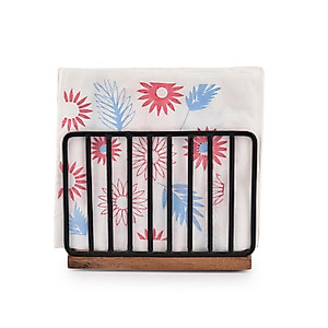 EDHAS Black Iron Wire Tabletop Upright Napkin Holder with Mango Wood Base for Kitchen Dinner Table, Countertop (6" x 3" x 4.5")