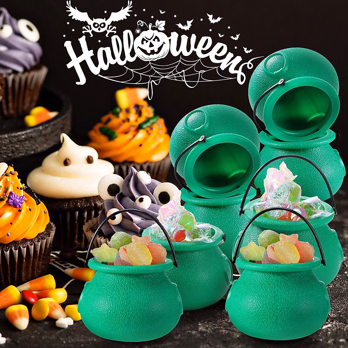 Plastic Cauldron Mini Witches Cauldron with Handle Halloween Candy Bucket Small Pot Decorations Candy Kettles for St patrick Day Halloween Party(Green,40 Pcs)