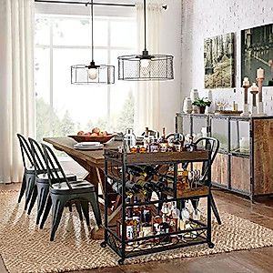 Ohsuaniy Bar Cart Industrial Kitchen Serving Carts for Home 3 Tier Storage Trolley with Wine Rack Glasses Holder Two Portable Trays Universal Casters with Brakes Rustic Rolling Cart Alcoholic Beverage