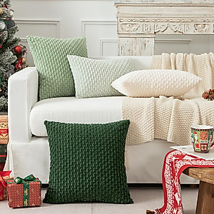 Kevin Textile Decorative Throw Pillow Cover Striped Corduroy Plush Texture Velvet Euro Cushion Cover for Bed 24 x 24 Inch (60cm) Set of 2 Cream