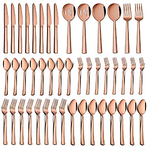 Homikit 46-Piece Copper Silverware Set with Serving Utensils, Stainless Steel Square Flatware Cutlery Set for 8, Modern Home Restaurant Hotel Eating Utensils, Include Fork Spoon Knife, Dishwasher Safe