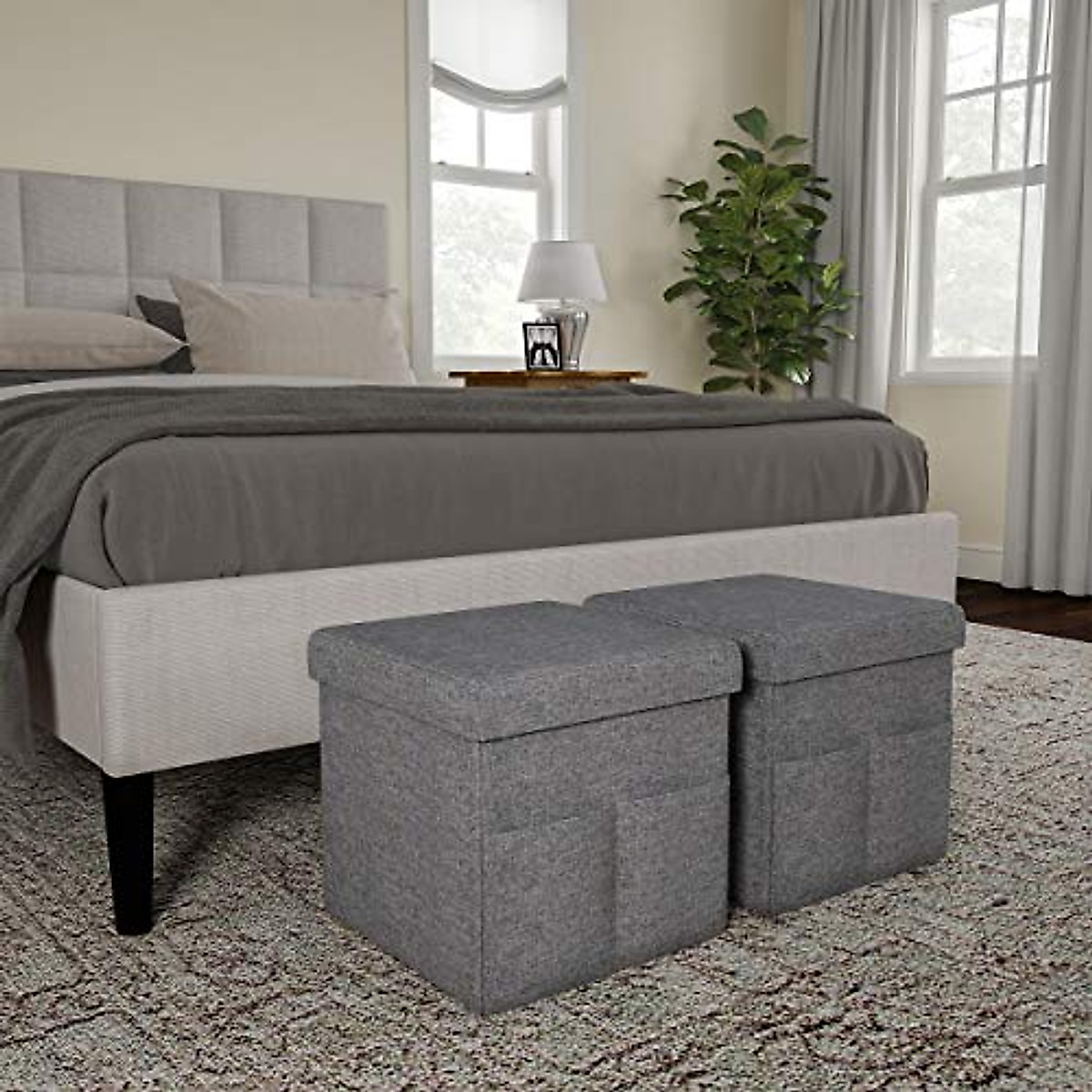 Lavish Home Set of 2 Cube Ottoman with Pockets 15-Inch Folding Foot Rests or Storage Organizers for Bedroom, Living Room, or Dorm, Charcoal Gray