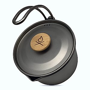 Überleben Kessel - Camping Kettle Pot with 37Fl Oz (1.1L) Capacity, Hanger Handle, Natural Hardwood Grip, Locking Lid, & Steam Vents - Available in Stainless Steel or Titanium - Includes Canvas Bag