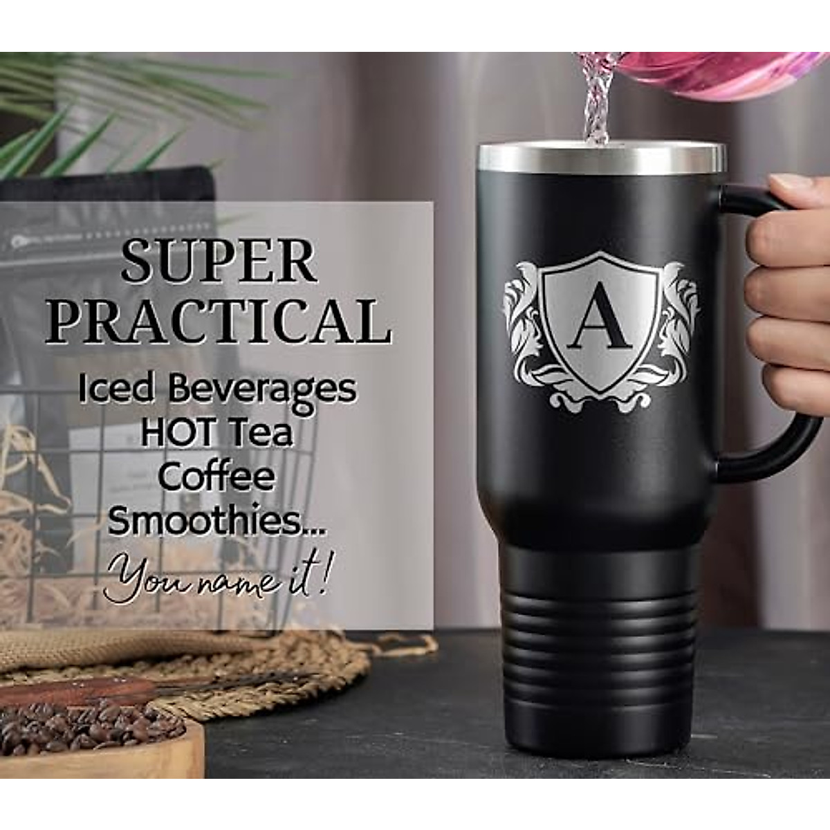Onebttl Personalized 40 oz Tumbler with Handle and Straw, Monogrammed Travel Cup for Men, Custom Coffee Mugs, Unique Birthday Christmas Gifts for Men Who Have Everything, F