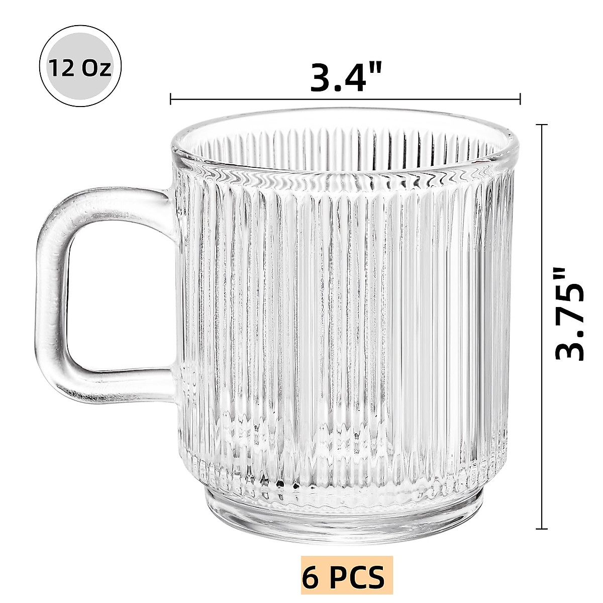 Noamus 6 Pack Premium Glass Coffee Mugs with Handle, 12 Oz Classic Vertical Stripes Glass Tea Cups, Transparent Ribbed Beverage Mugs, Clear Vintage Glassware Set for Hot Cold Americano, Cappuccino