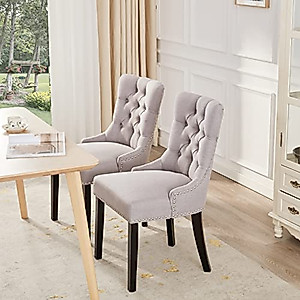 Kingfun Dining Chairs Set of 2, Upholstered Tufted Kitchen & Dining Room Chairs, Modern Accent Chairs Side Chair for Dinner Table/Waiting, Padded Nailhead Fabric Parson Chair(Solid Wooden, Light Grey)