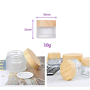 Healthcom 10 Pack 10 Grams/10 ML Empty Jars Round Frosted Glass Cosmetic Cream Jar Bottle with Wood Grain Lid Cosmetic Containers Refillable Glass Face Cream Box Pot for Makeup Lip Balms Eyeshadow