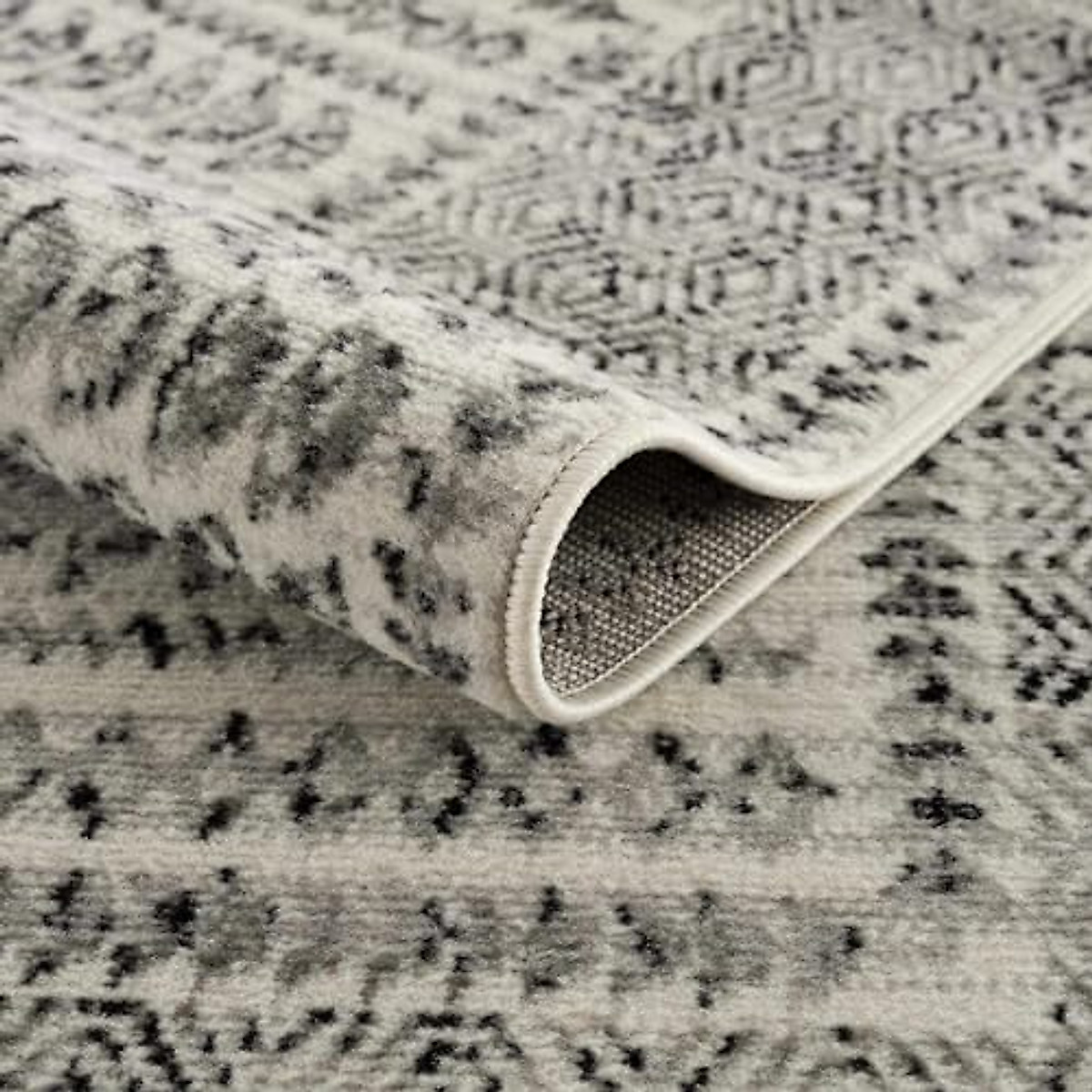 Hauteloom Greig Farmhouse Moroccan Geometric Area Rug - Boho Aztec Tribal Carpet for Living Room, Bedroom, Dining Room - Bordered - Off White, Black, Grey - 7'10" Round Rug