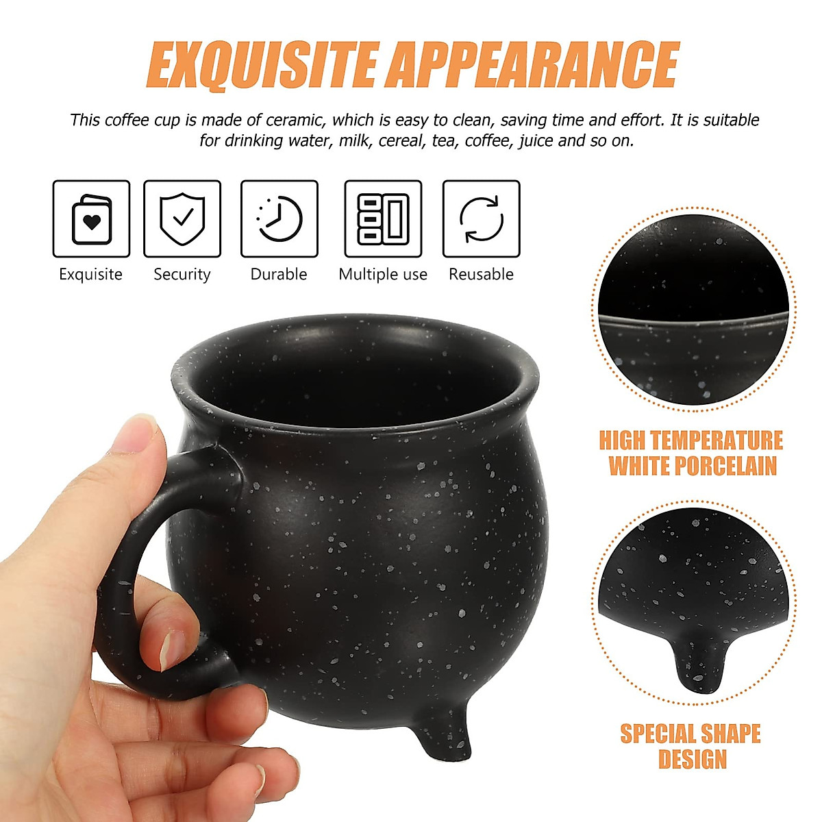 Zerodeko Halloween Witch Brew Cauldron Mug 450ML Ceramic Drinks Serving Mug Black Cauldron Coffee Mug Decorative Drinking Cup Halloween Tabletop Decor