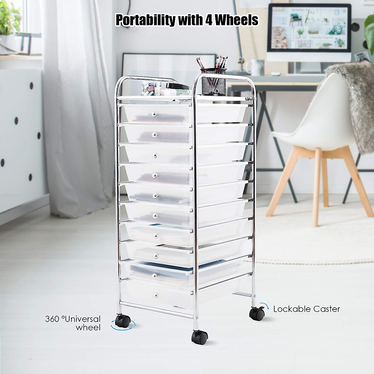 ORALNER 10-Drawer Rolling Storage Cart, 10 Tiers Utility Cart w/Wheels, Metal Frame Home Office School Organizer Cart, Mobile Space Saving File Storage Organizer Cart w/Lockable Casters (Clear)