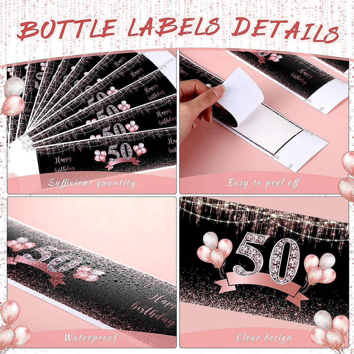 48 Pieces 50th Birthday Party Water Bottle Labels Cheers to 50th Decoration Labels Sticker Black and Rose Gold Bottle Wrappers Congrats 50th Birthday Party Supplies for Party Celebration Decor