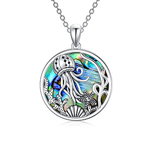 LONAGO Jellyfish Necklace 925 Sterling Silver Pendant Abalone Shell Ocean Animal Jewelry Gift for Women Mom
