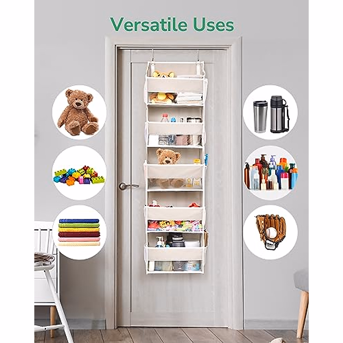 ULG 1-Pack Over Door Organizer with 5 Large Pockets 10 Mesh Side Pockets, 44 lbs Weight Capacity Hanging Storage Organizer with Clear Window for Bedroom Bathroom Kitchen, RV, Camper, Beige