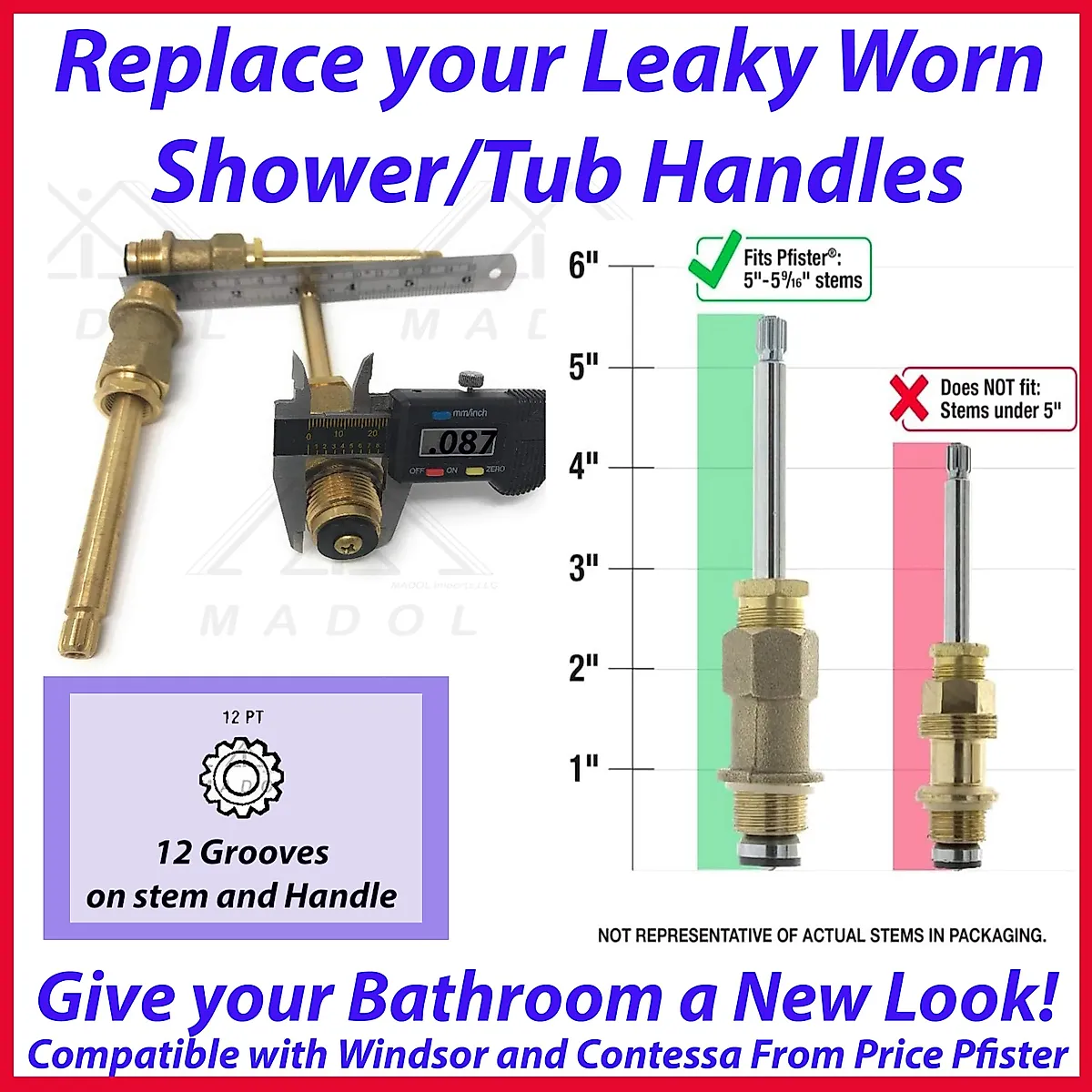 Bathtub and Shower Trim Kit for Price Pfister Compatible – Remodel/Rebuild Set with Clear Acrylic Handles, Stems, Seats & Flanges – Fits Verve & Windsor Faucets – Hot & Cold Replacement Parts