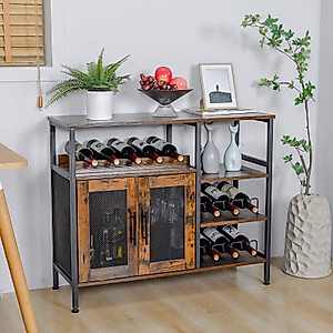X-cosrack Wine Bar Rack Cabinet with Detachable Wine Rack, Coffee Bar Cabinet with Glass Holder, Small Sideboard and Buffet Cabinet with Mesh Door, Rustic Brown, Large
