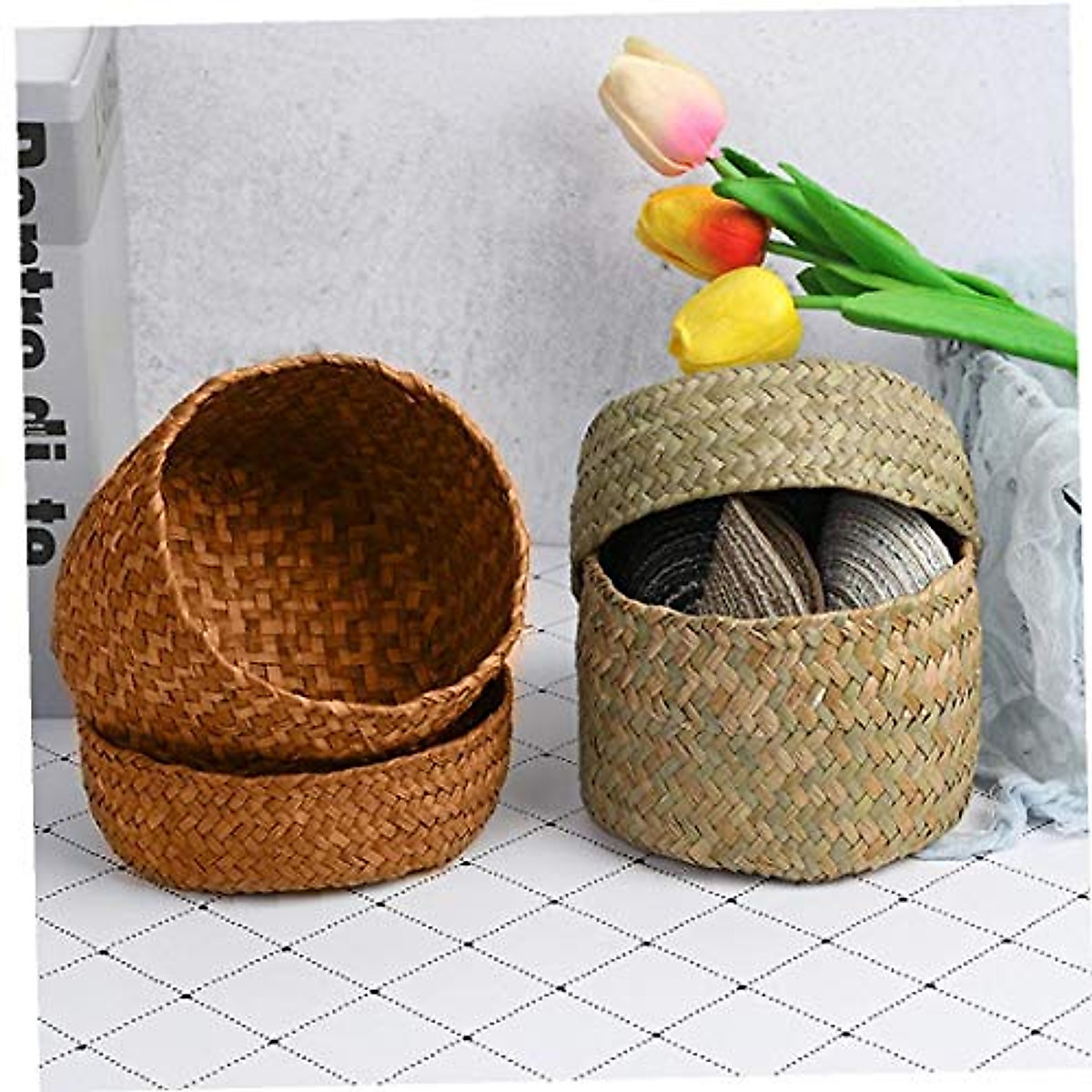 tJexePYK Mini Wicker Storage Baskets with Lid Natural Round Desktop Storage Basket Japanese Style Small Spun Wicker Basket Box