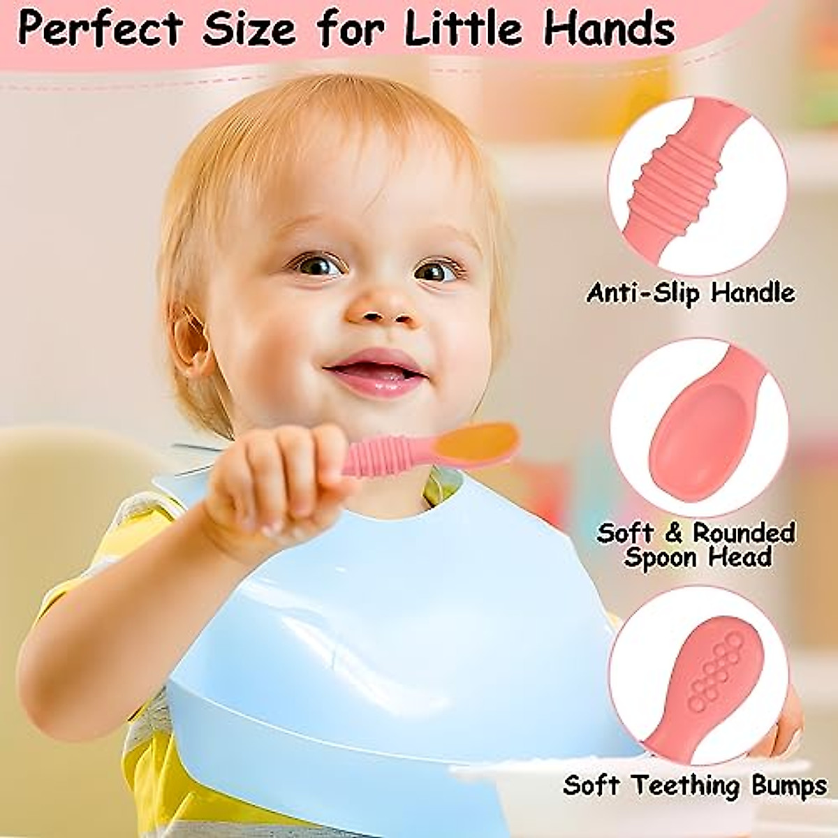 Baby Spoons Self Feeding 6 Months - 7 Pack Silicone First Stage Infant Training Spoons, Baby Led Weaning Untensils for Toddlers, BPA-Free Rainbow Chewable Teething Spoons for Kids - Dishwasher Safe