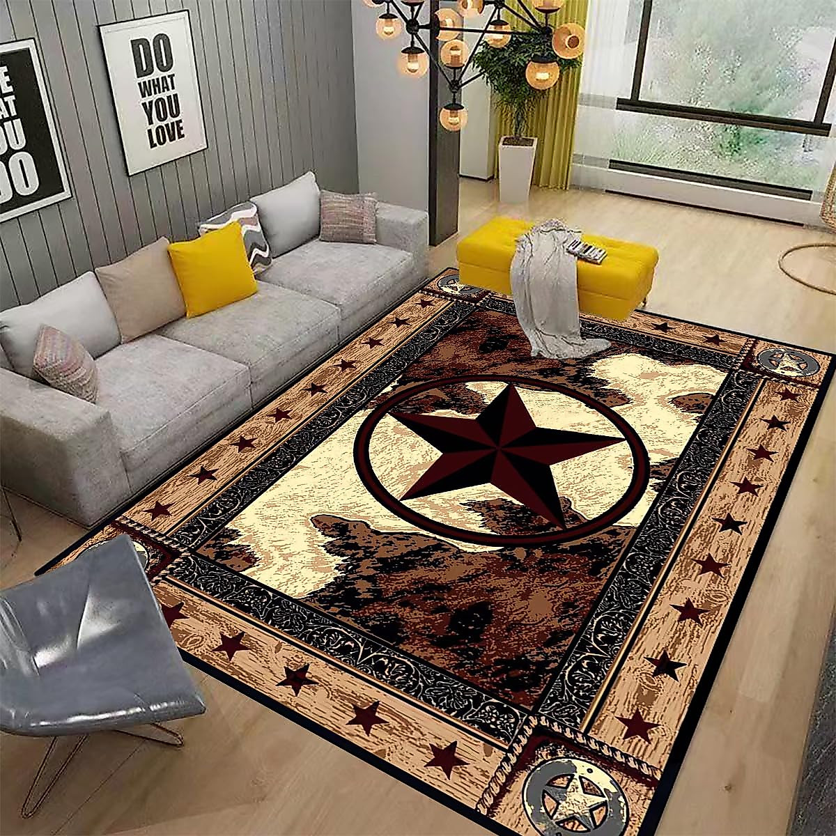 Brown Rustic Western Texas Star Modern Area Rug Primitive Carpet Farmhouse Rug Cowhide Runner Rug Non-Slipping Doormat for Hallway Kitchen Living Room Bedroom Laundry Room Entryway 8' x 10'