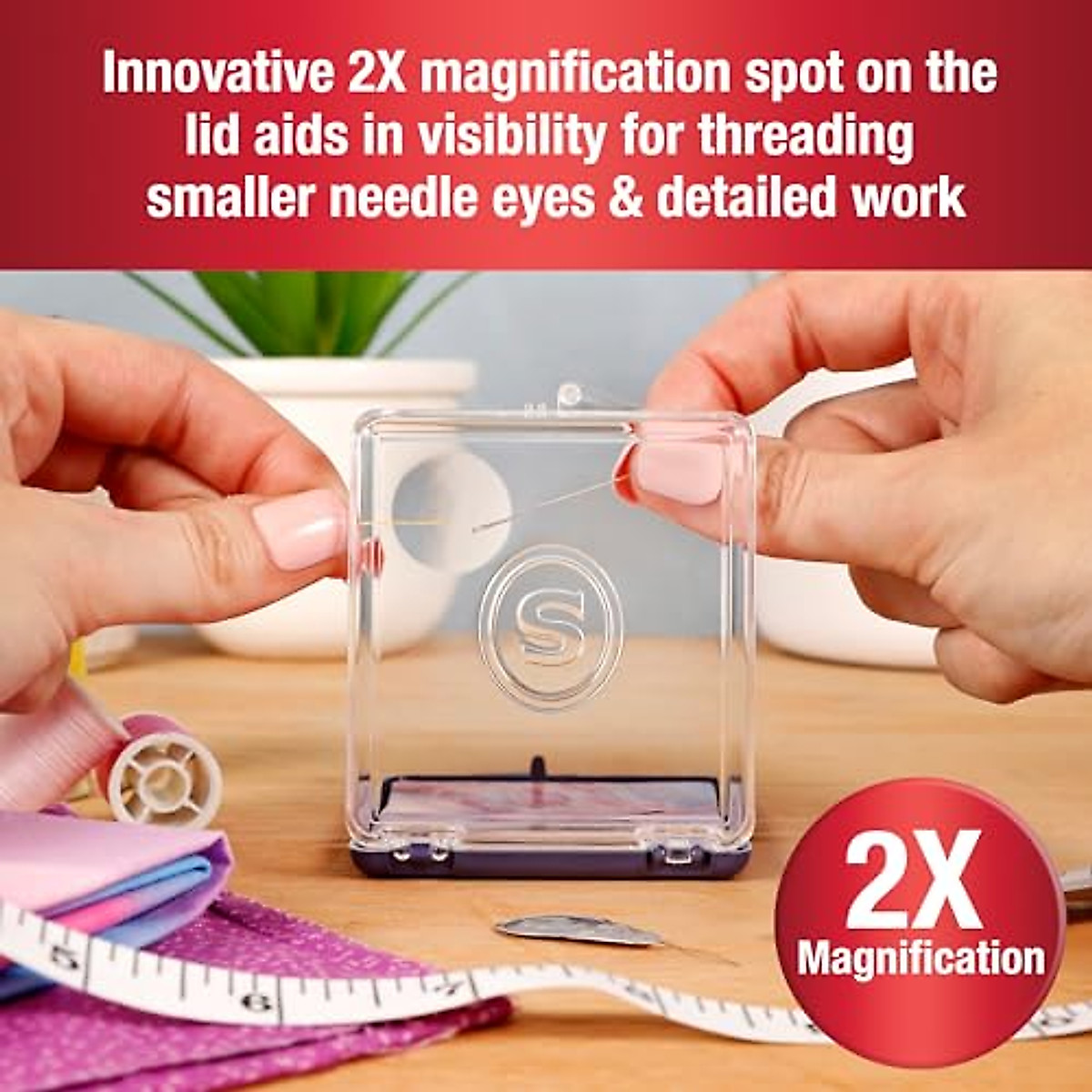 SINGER Magnetic Needle & Pin Compact with Hand Needles: Needle Holder with Sewing Magnifier – Sewing Needle Case for Secure Needle Storage