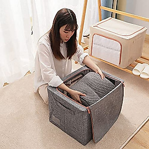 OJIMO Foldable Clothes Storage Bins 2 Pack,Stackable Metal Frame Storage Box w/Reinforced Handle, Stackable Thick Linen Fabric Closet Organizer Set with Clear Windows, Sturdy Zippers(15.4x11.4x7.9in)