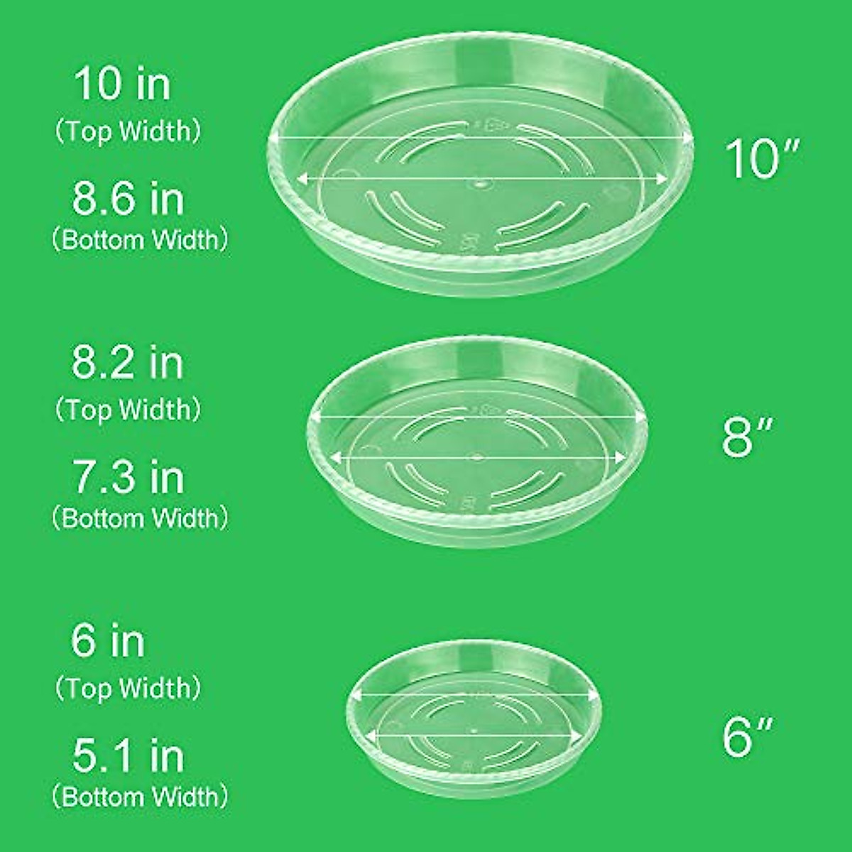 18 Pack Plant Saucers of 6 inch & 8 inch & 10 inch , Durable Plant Trays for Indoors Outdoors, Clear Plastic Flower Plant Pot Saucer, Made of Thicker, Stronger Plastic, with Taller Design (6"+8"+10")