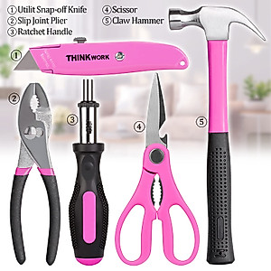 THINKWORK 41 Piece Pink Tool Set - Lady's Hand Tool Set with 3.6V Rotatable Electric Screwdriver, Home Repairing Tool Kit for Women with Large Mouth Open Tool Bag, Perfect for Home DIY, Daily Use