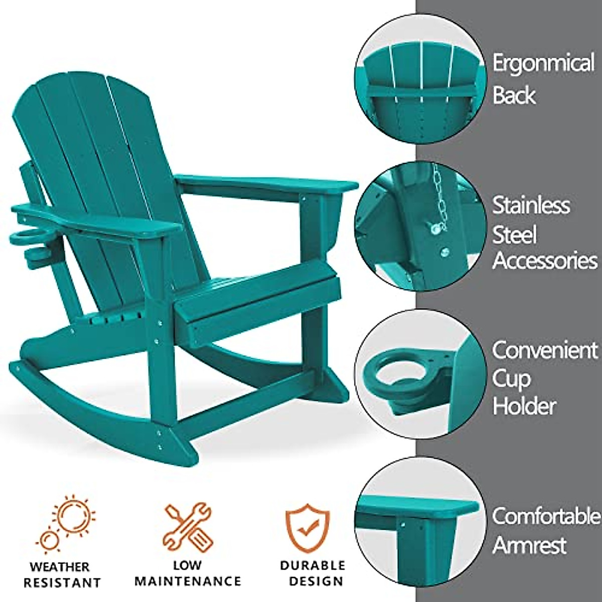 HUEZOE Adirondack Rocking Outdoor Cup Holder, Weather Resistant HDPE Patio Chairs QWY03, Blue