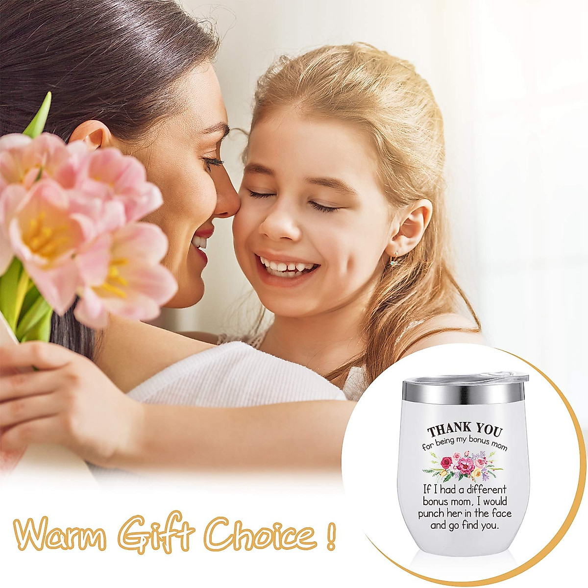 Patelai Thank You For Being My Stepmother, Mom Gifts for Mommy Stepmom on Mother's Day Birthday Christmas, 12 oz Stainless Steel Coffee Mug with Lid Straw Brush Gift Box (White)