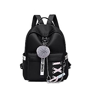 FENGJINRUHUA Mini Fashion Casual Ladies Bowknot Backpack Wallet Lightweight Travel School Shoulder Bag with Pompon (black)