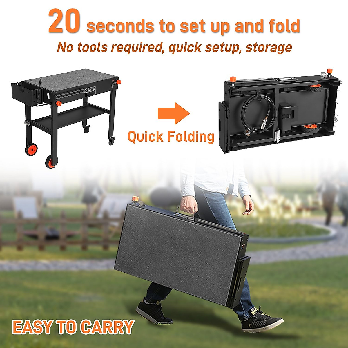 Outdoor Portable Grill Table stand - Folding Prep Stand for 17" or 22" Blackstone Griddle, Large Space blackstone Table with Wheels, Pizza Oven Cart for Ninja, Patio Grilling Backyard BBQ Grill Cart.