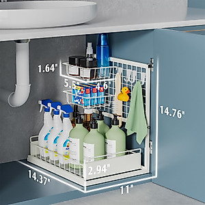 VERIFOST Under Sink Organizer, Under Kitchen Sink Organizers and Storage with Pull Out Drawer, Bathroom Storage Organizer with 2 Removable Hanging Baskets, L-Shaped Under Cabinet Organizer, White