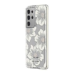 kate spade new york Defensive Hardshell Case Compatible with Samsung Galaxy S21 Ultra 5G - Hollyhock Floral Clear/Cream with Stones/Cream Bumper
