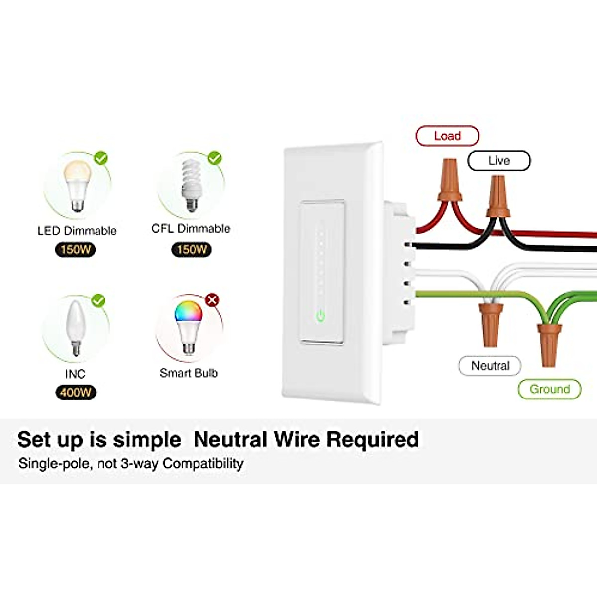 Beantech SW2 Smart Wall Single Pole Dimmer Switch, 1 Pack, White