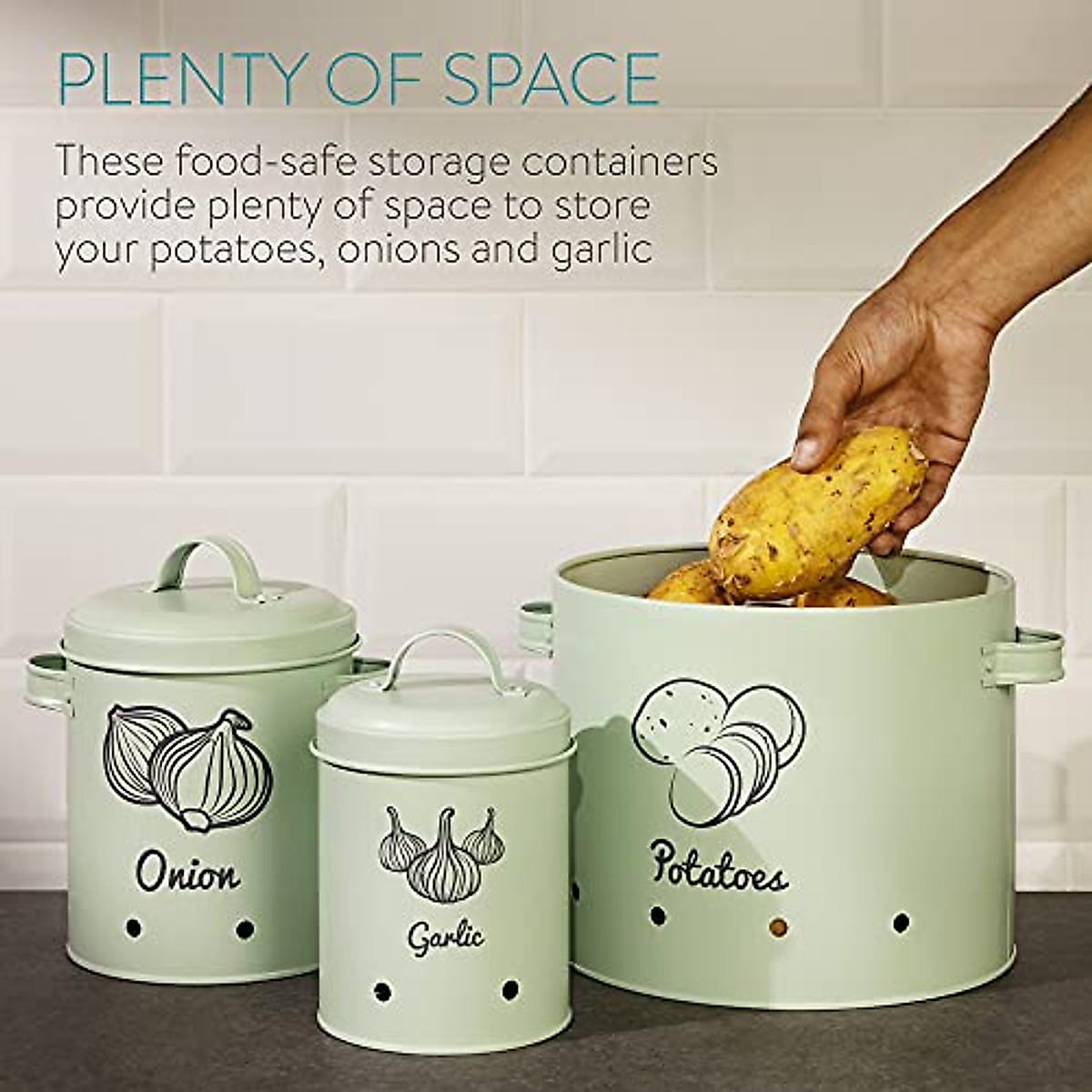 Navaris Potato Onion Garlic Storage Canisters (Set of 3) - Keeper Canister Tin Containers for Potatoes, Onions and Garlic - Vintage Look - Mint Green