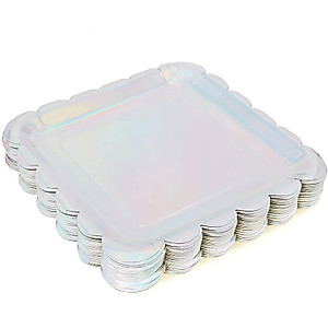 Sparkle and Bash 48-Pack Holographic Silver Foil Square Paper Plates, Scalloped Edge (9 in)