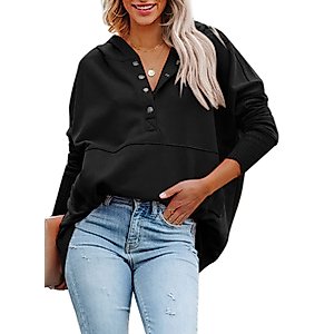 AlvaQ Womens Hoodies Lightweight V Neck Button Down Sweatshirts Ribbed Long Sleeve Sweat Shirts Loose Fit Pullover Tops Black Large