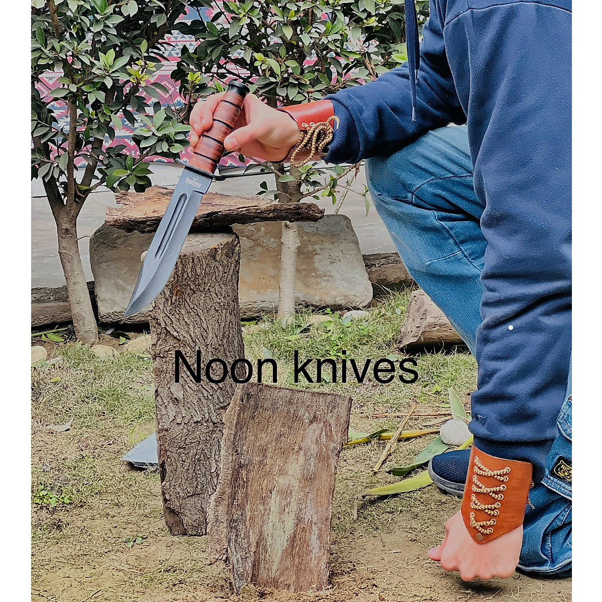 NoonKnives usmc Combat Fighter Knife with Leather Sheath - Stainless Steel Blade, Clip Point, Heat Treated Finish, Stacked Leather Handle, Your Camping and Survival Fixed Blade - Length 13